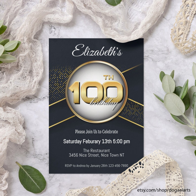 100th Birthday Invitation Instant Download 100th Birthday Party Elegant ...