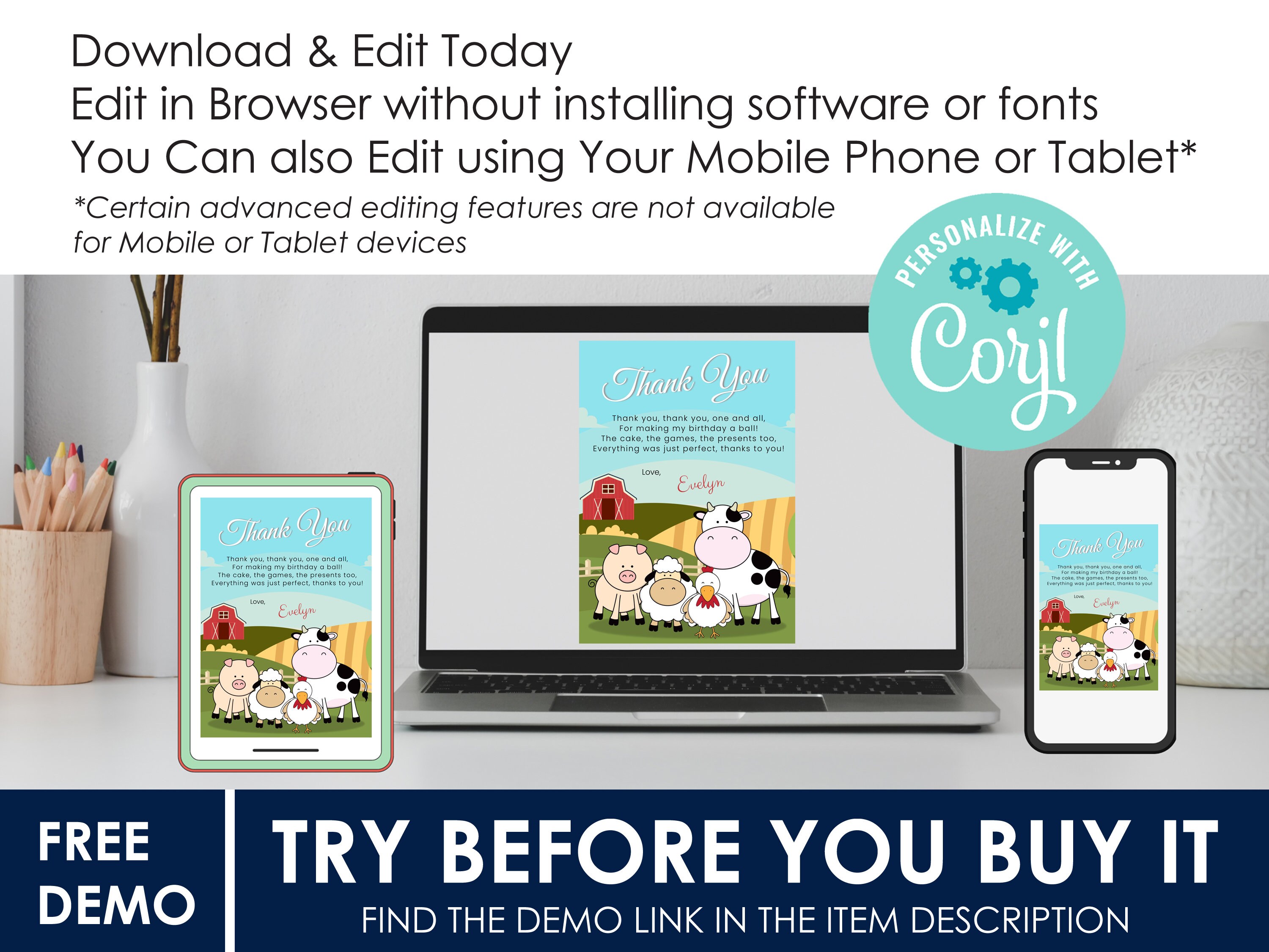 Farm Birthday Thank You Card | Farm Animals Thank You Note | Barnyard ...