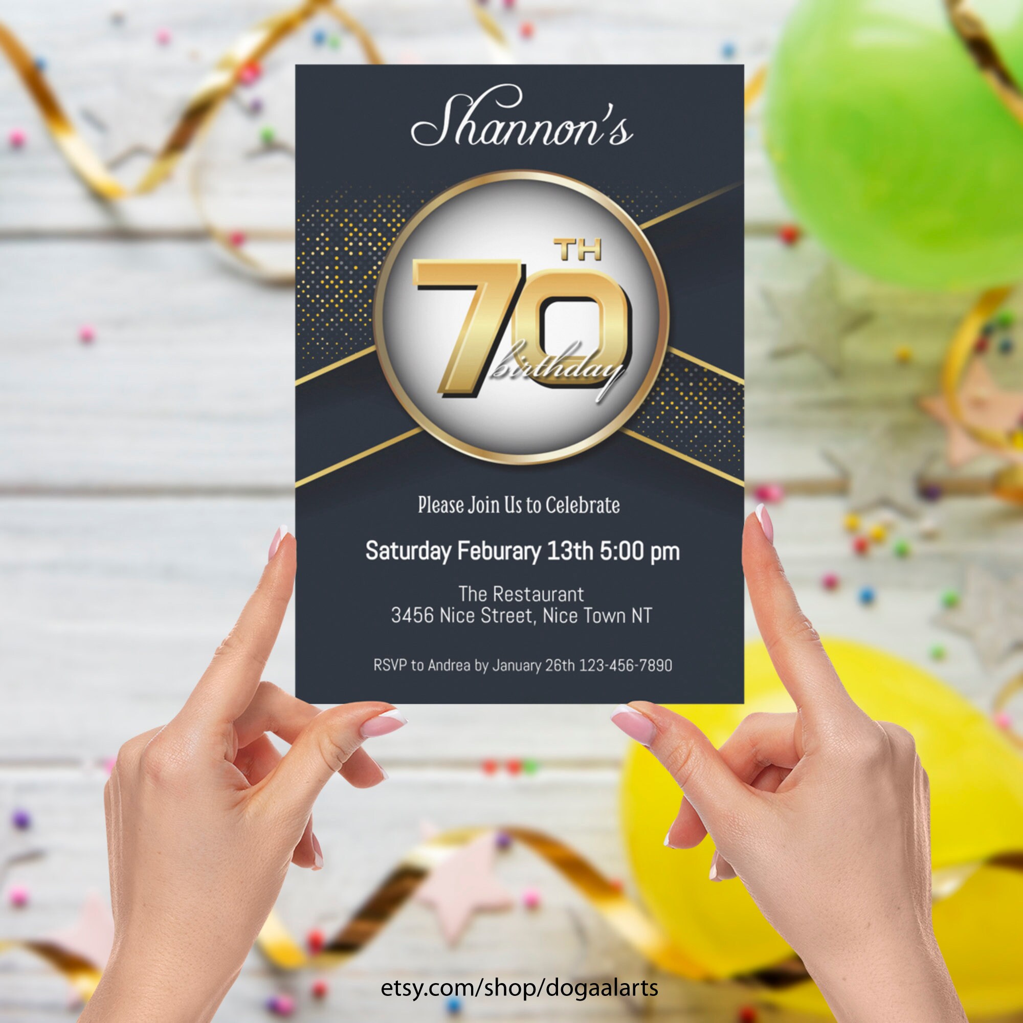 70th Birthday Invitation Digital Download Editable Gold And Navy Blue