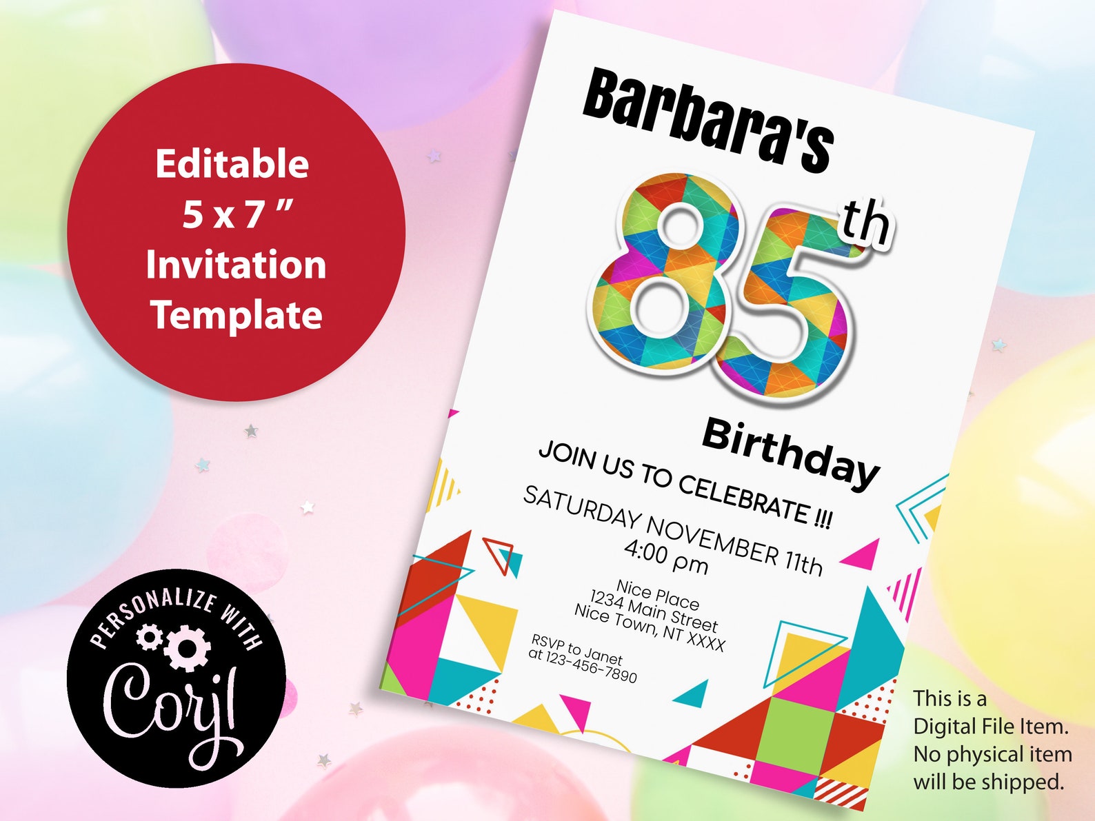 85th Birthday Invitation Digital Download | Editable Digital Colorful ...