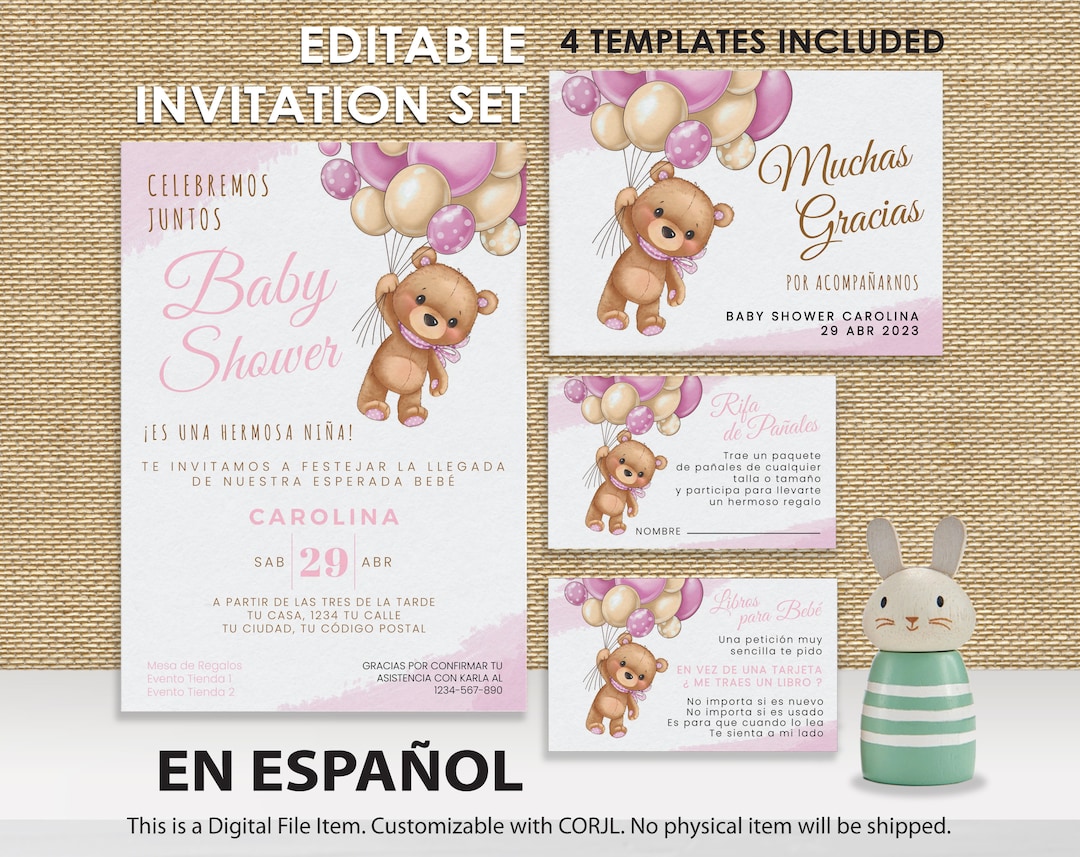 Spanish Baby Shower Invitation Set, Girl Teddy Bear Baby Shower Invite ...