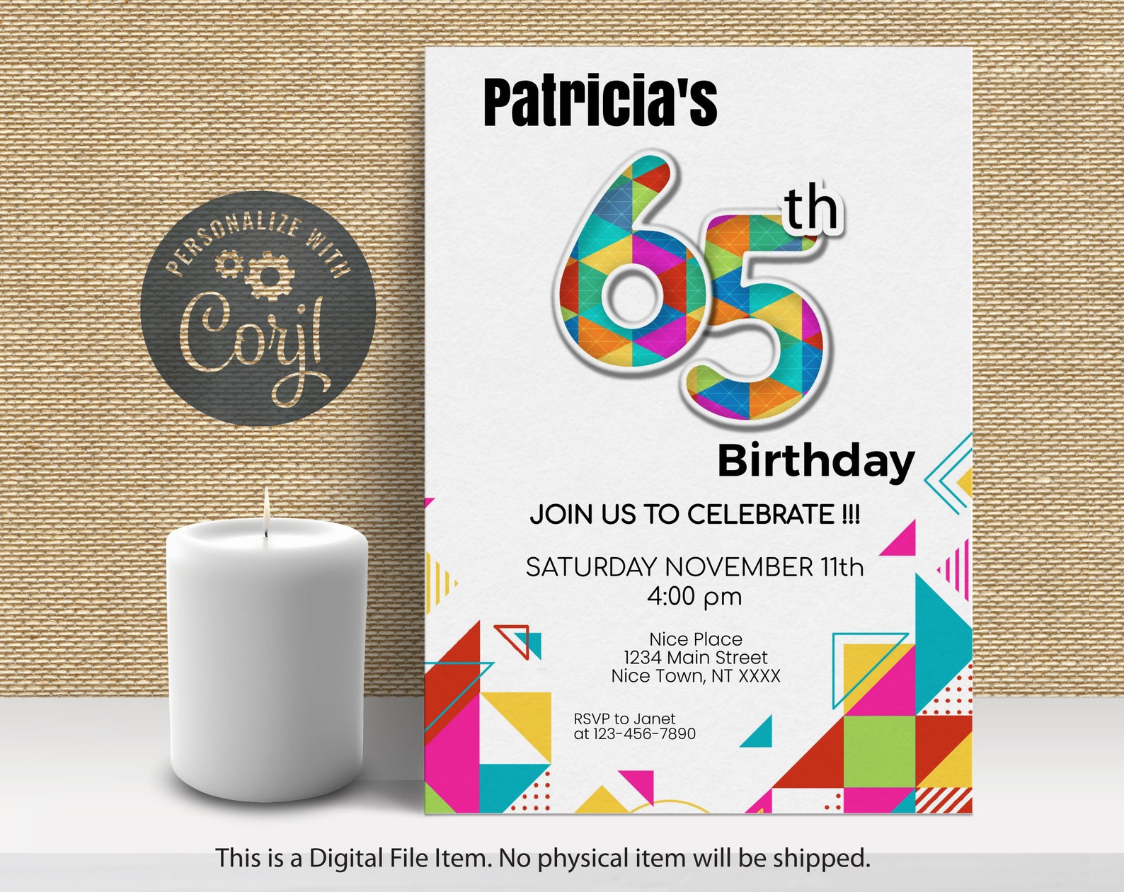 65th Birthday Invitation Digital Download | Editable Digital Colorful ...