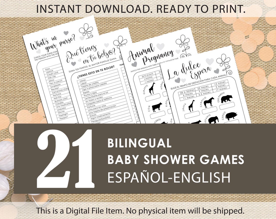 Minimalist Baby Shower BILINGUAL Games Spanish-english Black and White ...