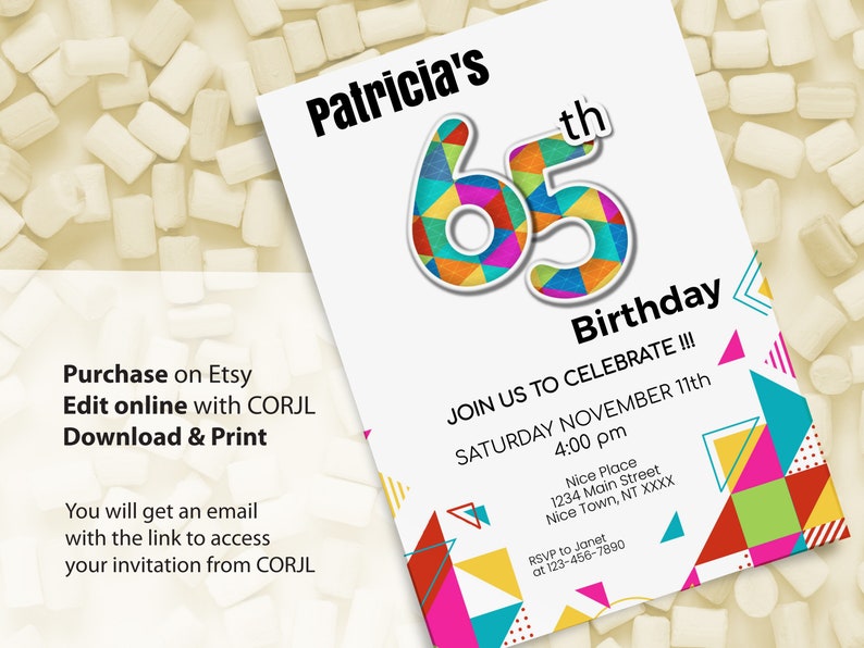 65th Birthday Invitation Digital Download | Editable Digital Colorful ...
