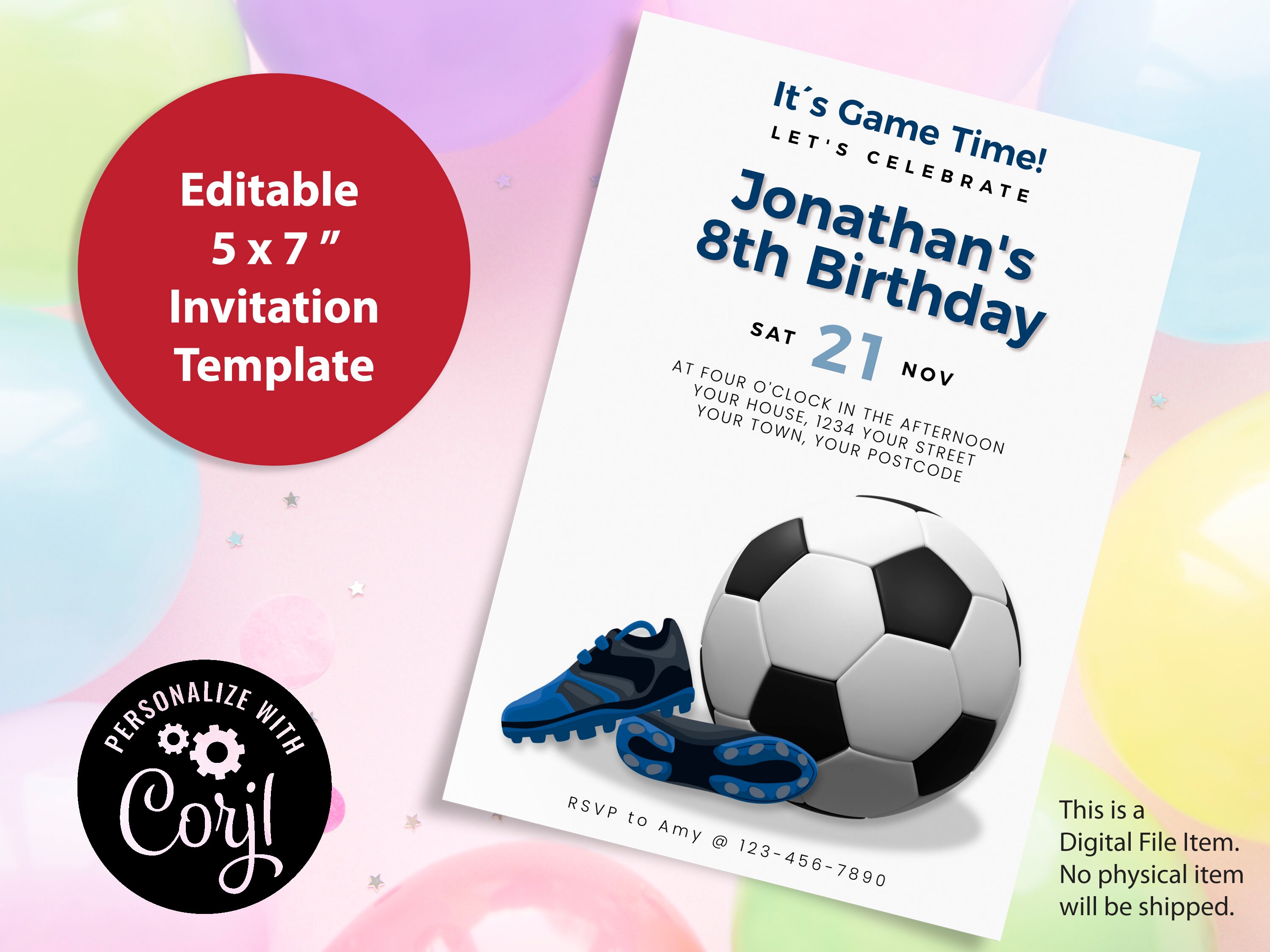 Soccer Birthday Invitation Digital Soccer Birthday Party Editable ...