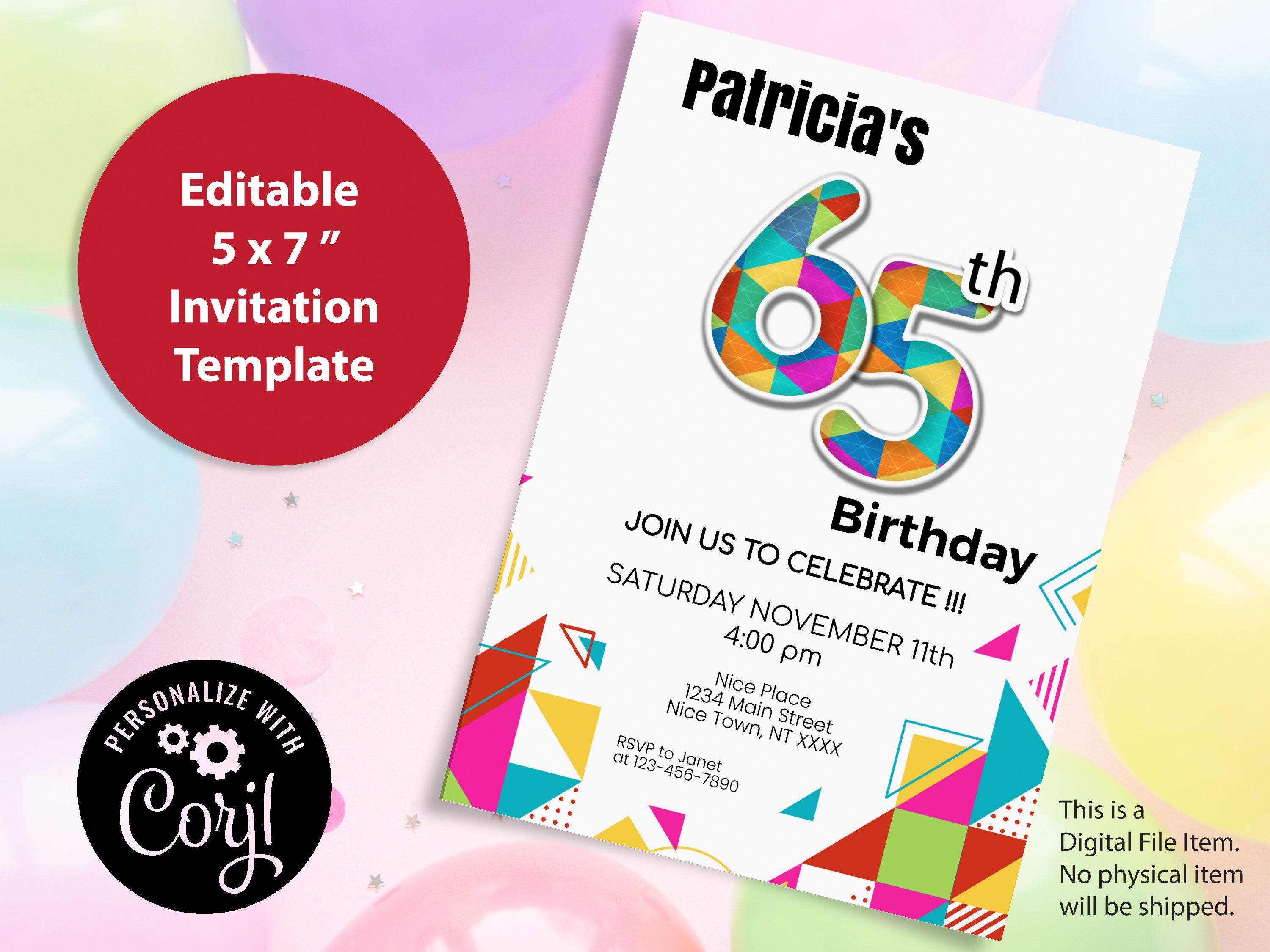 65th Birthday Invitation Digital Download | Editable Digital Colorful ...
