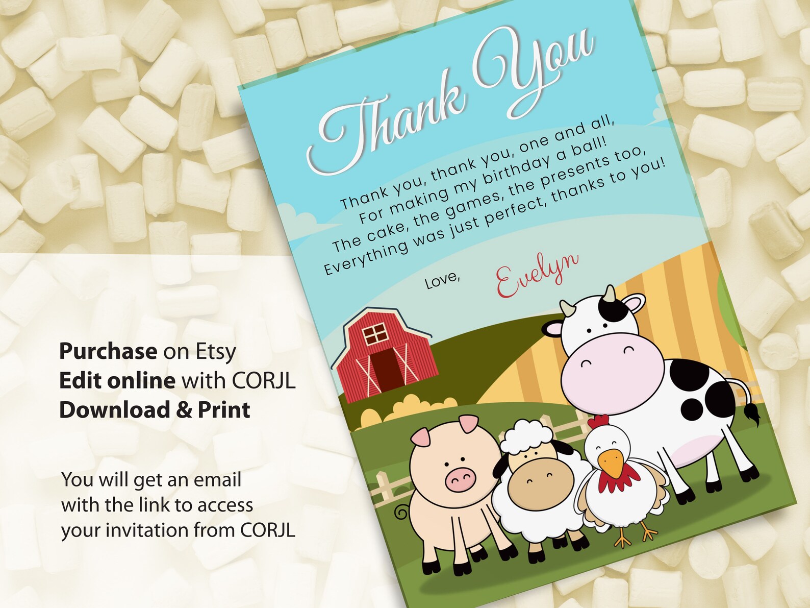 Farm Birthday Thank You Card | Farm Animals Thank You Note | Barnyard ...