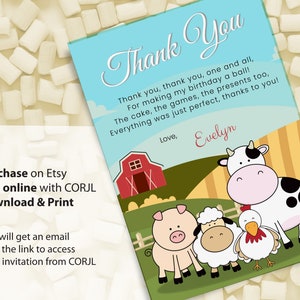 Farm Birthday Thank You Card | Farm Animals Thank You Note | Barnyard ...