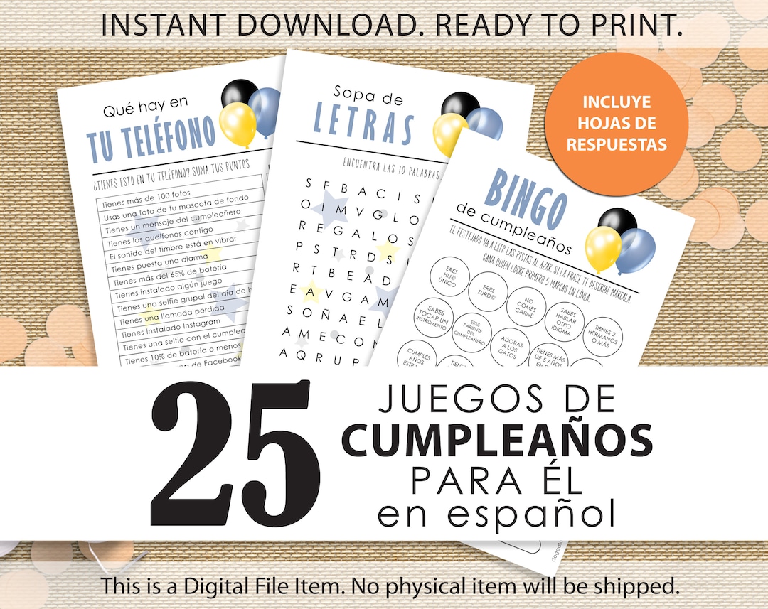 Spanish Birthday Party Games for Him: 25 Printable Activities (instant ...