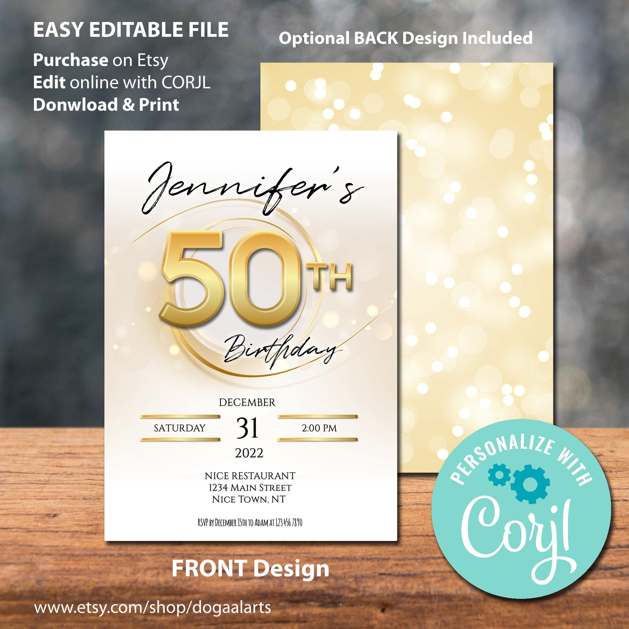 Gold 50th Birthday Invitation Easily Edit Online With CORJL - Etsy