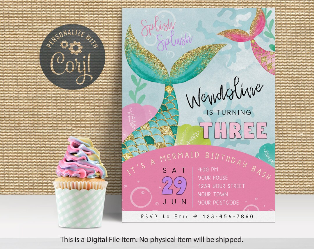 Mermaid 3rd Birthday Invitation | Girl Birthday Invite | 3 Years Pool ...