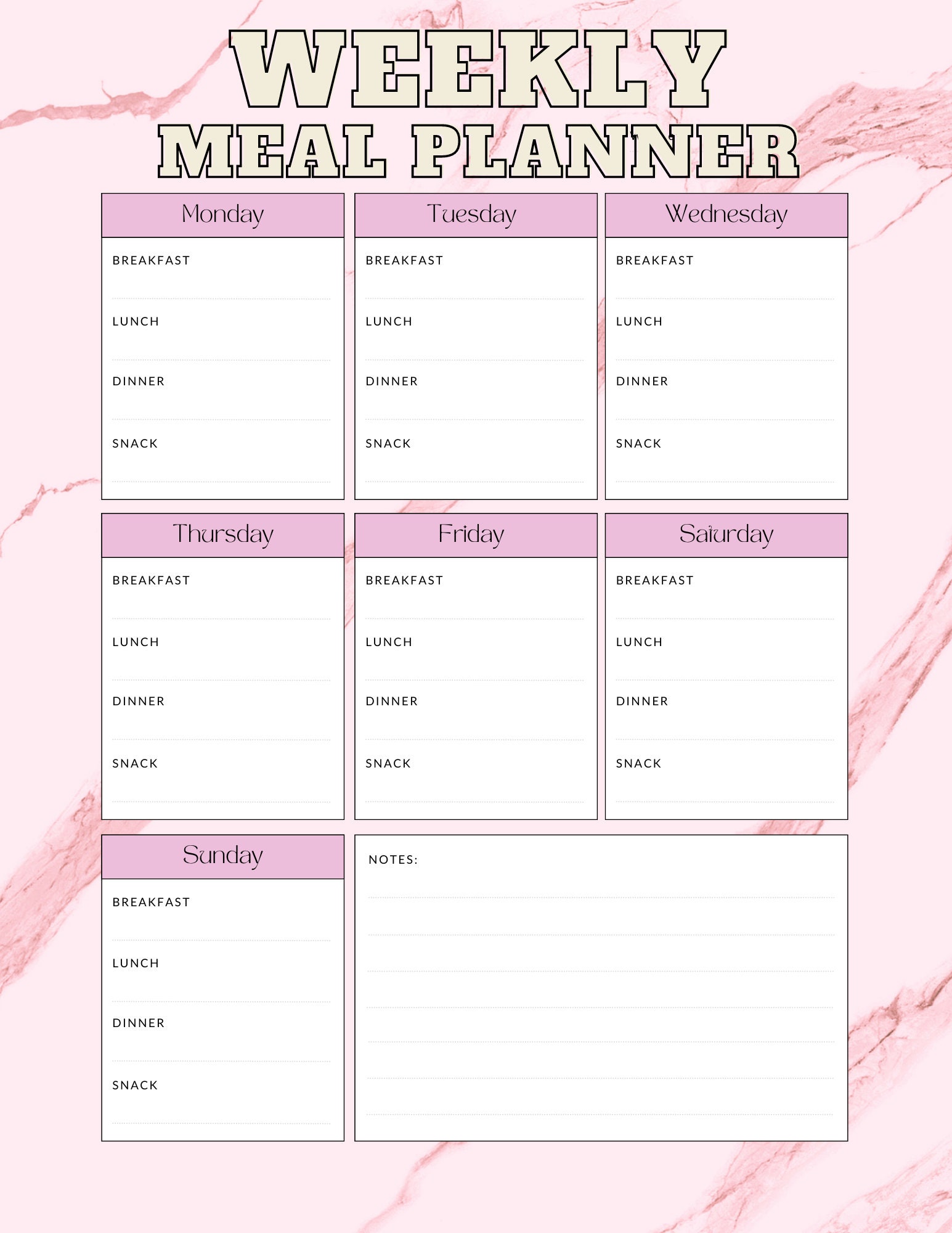 Printable Pink Marble Meal Planning Kit 3 Pages 8x10 - Etsy