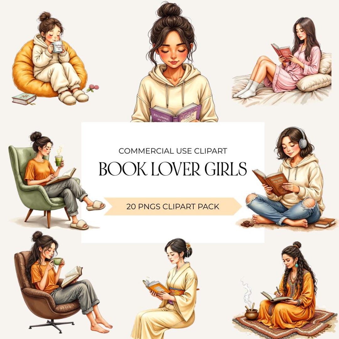 Book Lover Girls, Watercolor Girls PNG, Asian Girl Clipart, Self-care ...