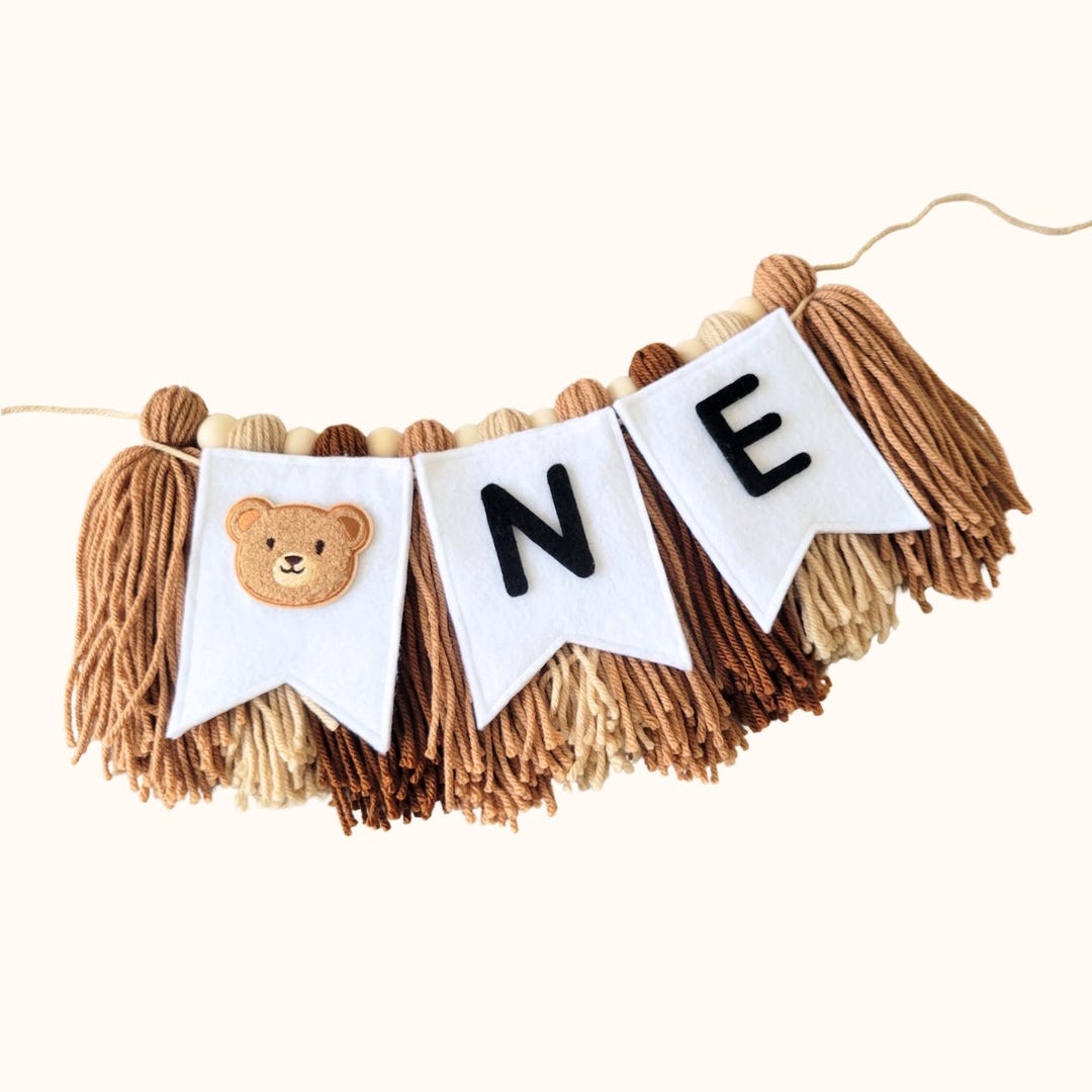 Beary First Birthday Teddy Bear Theme High Chair Banner Yarn Tassel ...
