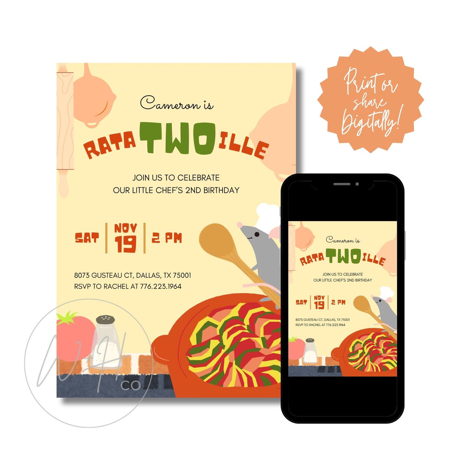 Ratatwoille Ratatouille Themed 2nd Birthday Editable 5"x7" Party ...
