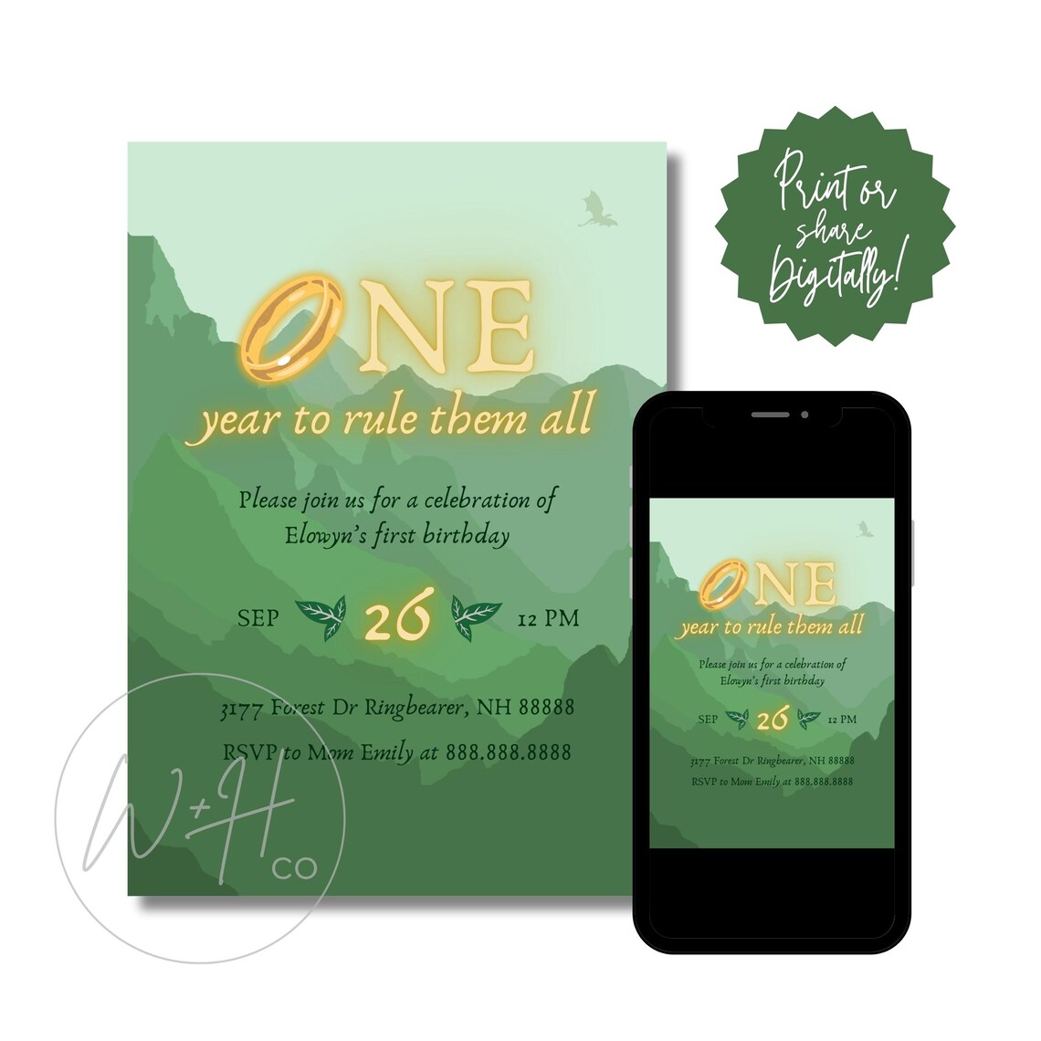 One Year to Rule Them All Themed 1st Birthday Editable Party Invitation ...