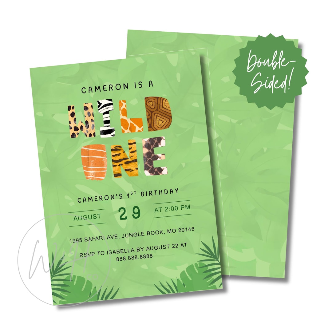 Wild One Jungle Safari Animal Themed 1st Birthday Editable 5"x7" Party ...