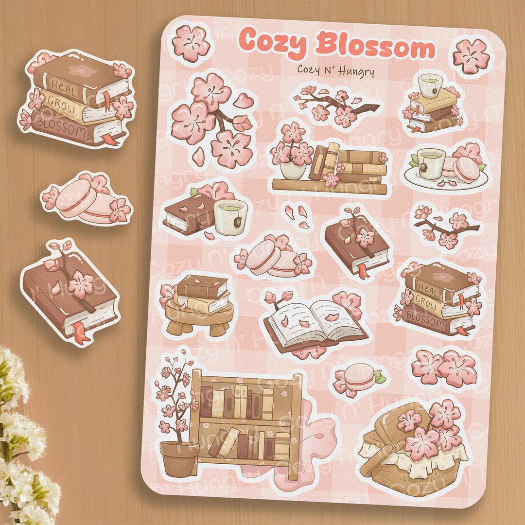 Spring Cherry Blossom Sticker Sheet | Bookworm Decals for Journaling ...