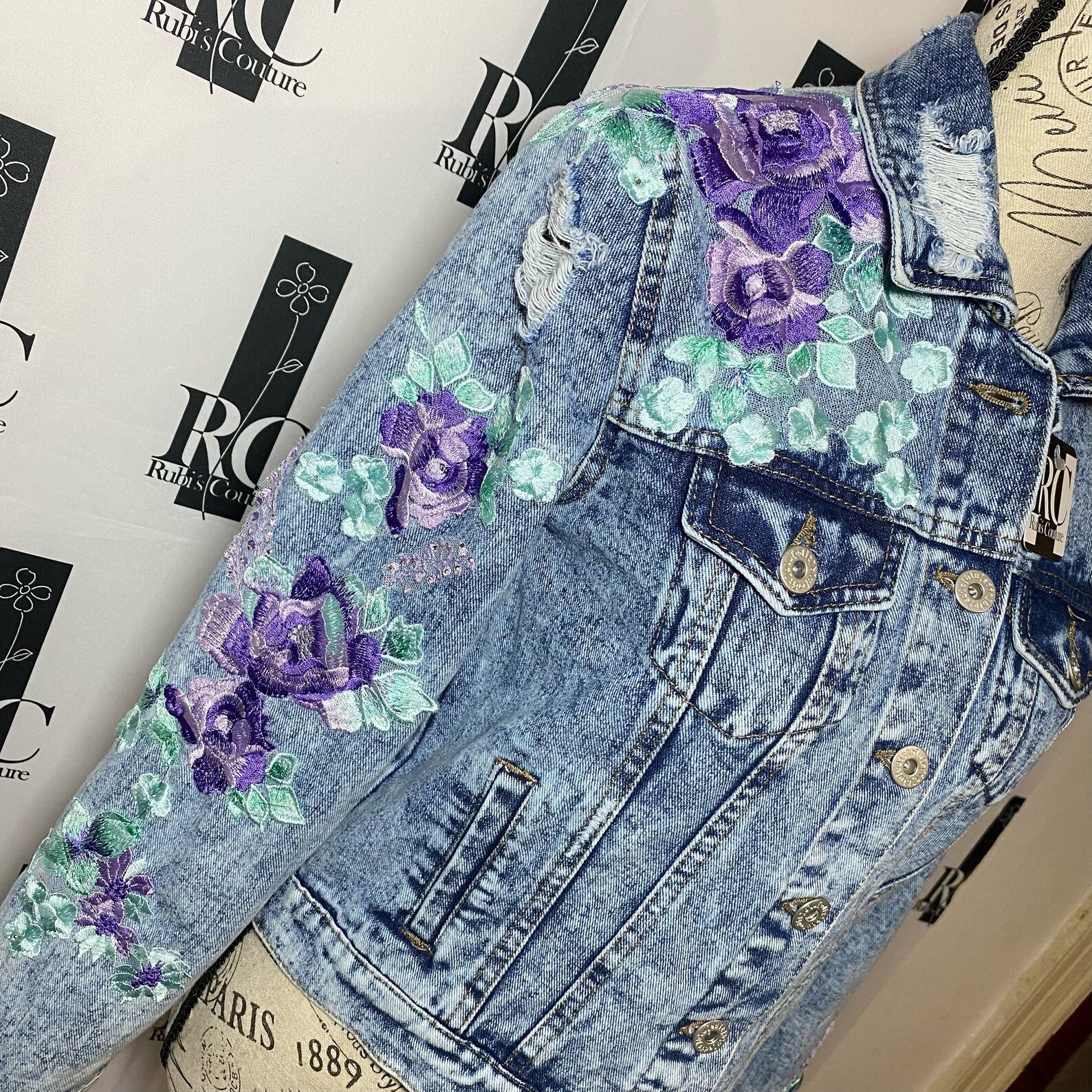 Custom Embroidered Denim Blue Jacket With Purple and Blue Desings for ...