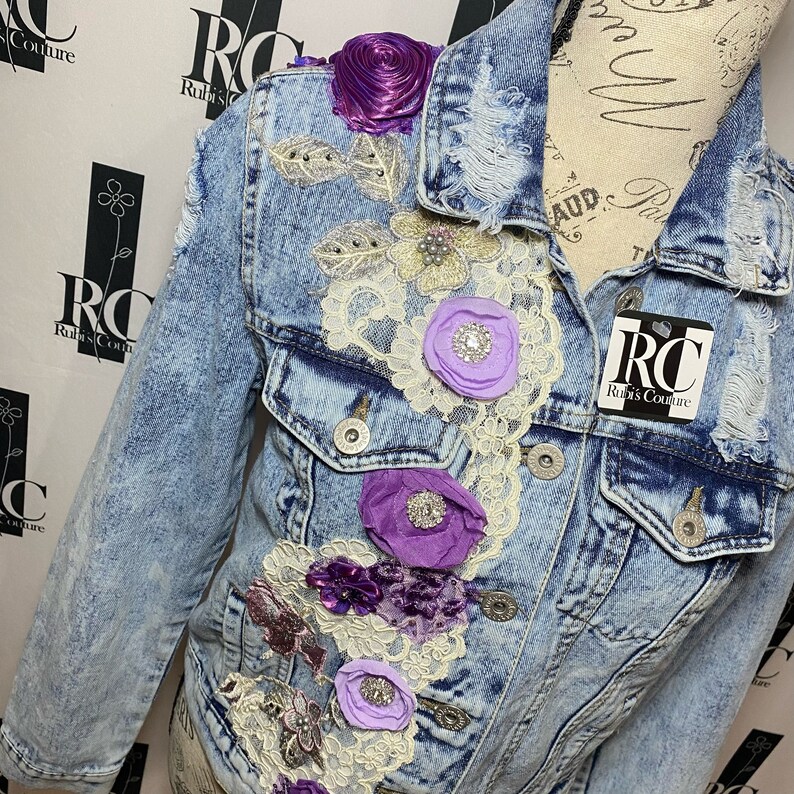 Custom Embroidered Denim Jacket With Flower Appliques for Women Size ...