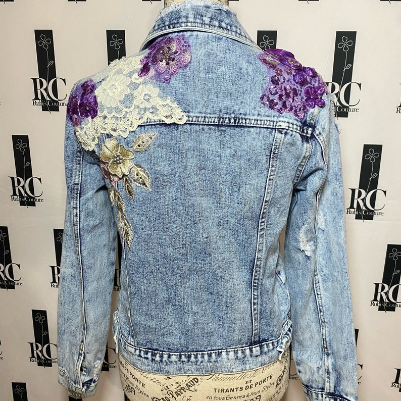 Custom Embroidered Denim Jacket With Flower Appliques for Women Size ...