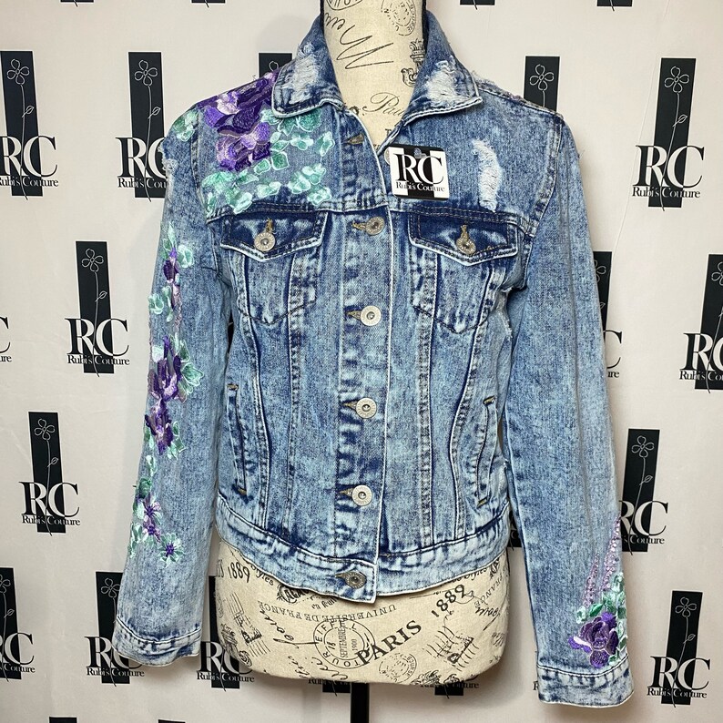 Custom Embroidered Denim Blue Jacket With Purple and Blue Desings for ...