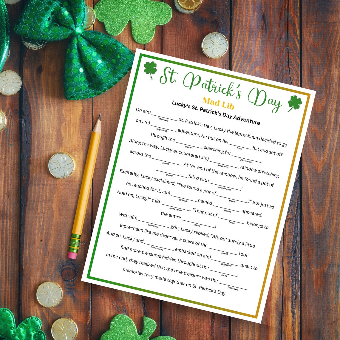 St Patrick's Day Mad Libs, St Patrick's Day Party Game, Mad Lib Game ...