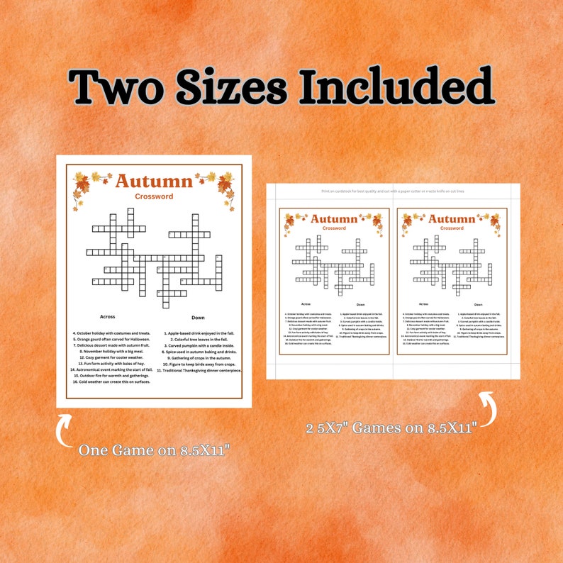 Autumn Crossword Puzzle, Fall Party Word Game, Fall Party Printable ...