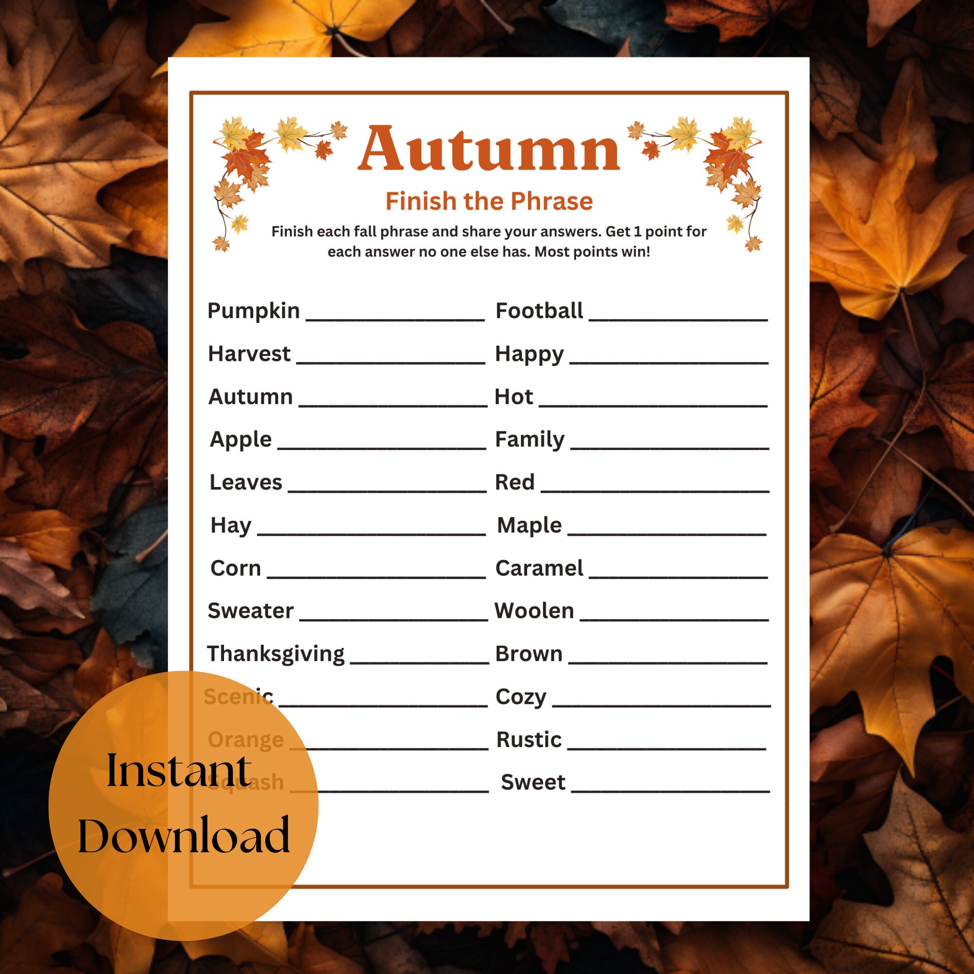 Autumn Finish the Phrase Game, Fall Word Game, Fun Fall Game, Fall ...