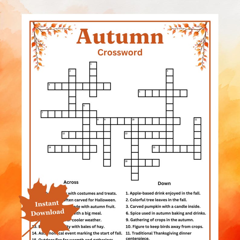 Autumn Crossword Puzzle, Fall Party Word Game, Fall Party Printable ...