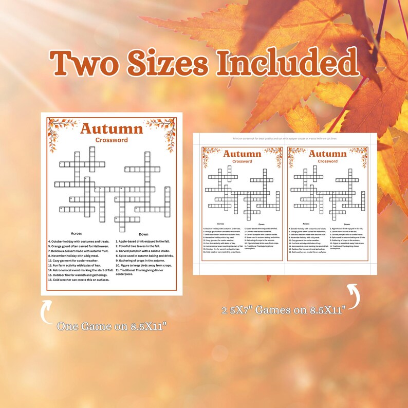 Autumn Crossword Puzzle, Fall Party Word Game, Fall Party Printable ...