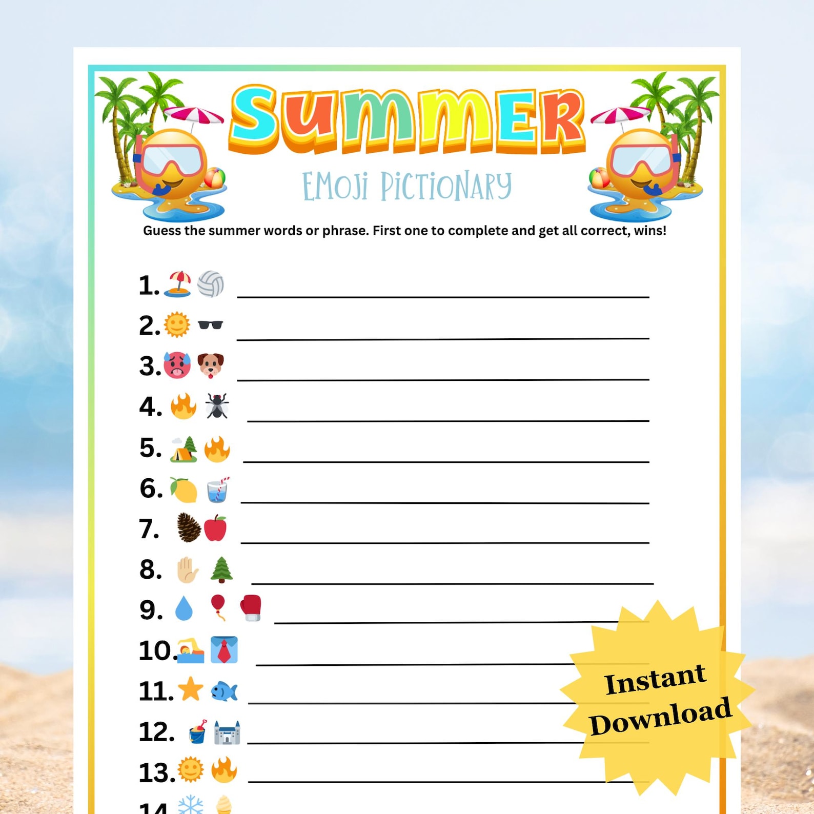 Summer Emoji Pictionary Game, Summer Emoji Trivia, Summer Family Game ...