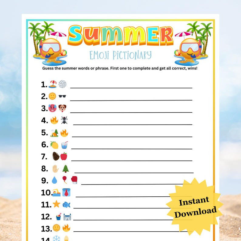 Summer Emoji Pictionary Game, Summer Emoji Trivia, Summer Family Game ...