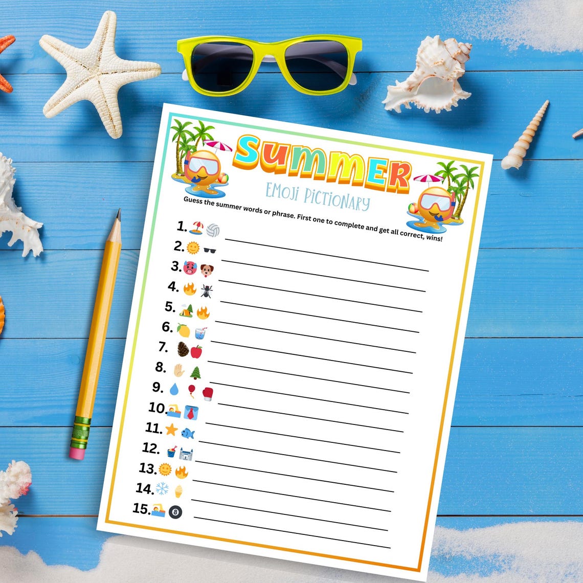 Summer Emoji Pictionary Game, Summer Emoji Trivia, Summer Family Game ...