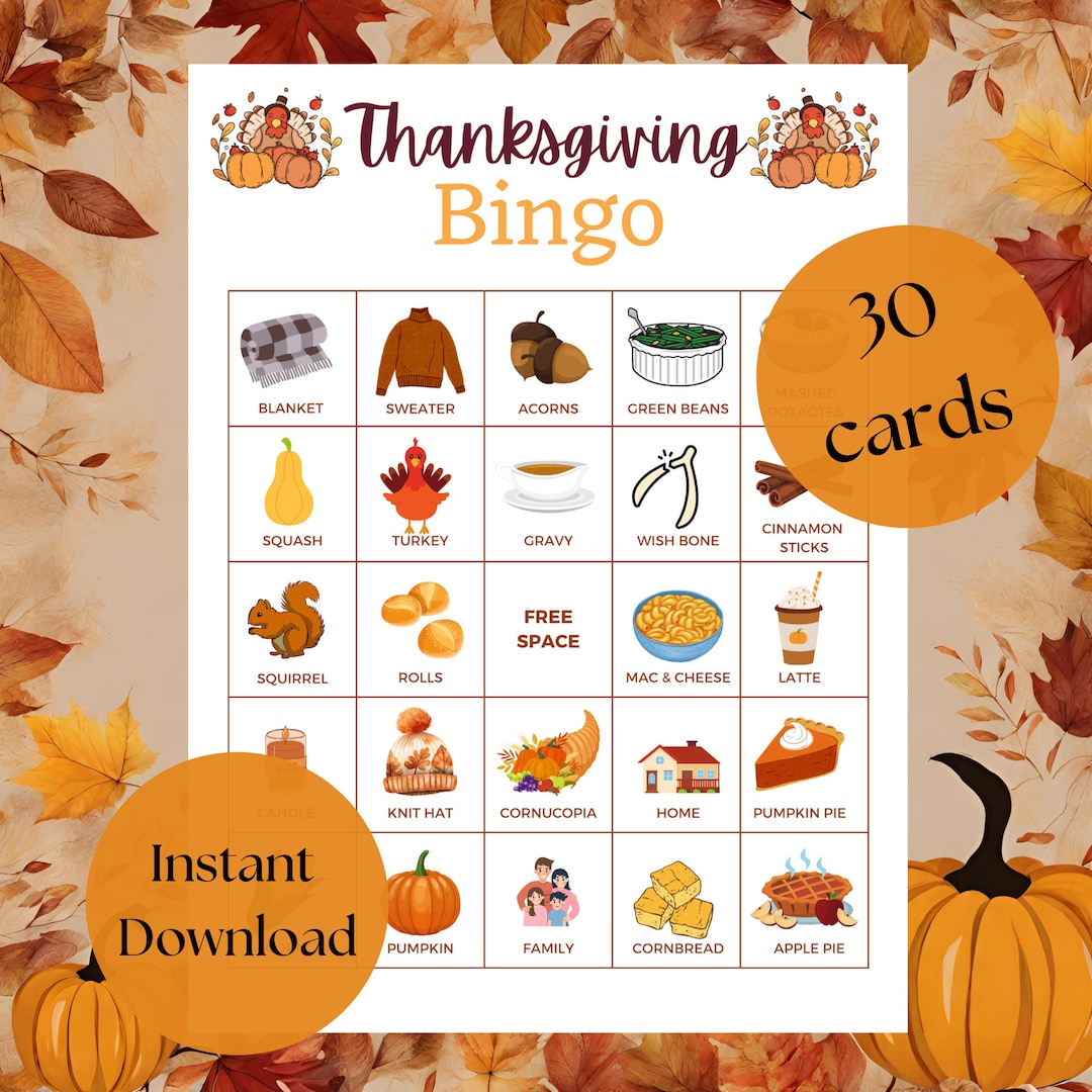 Thanksgiving Bingo, 30 Thanksgiving Bingo Cards, Fall Bingo Game ...