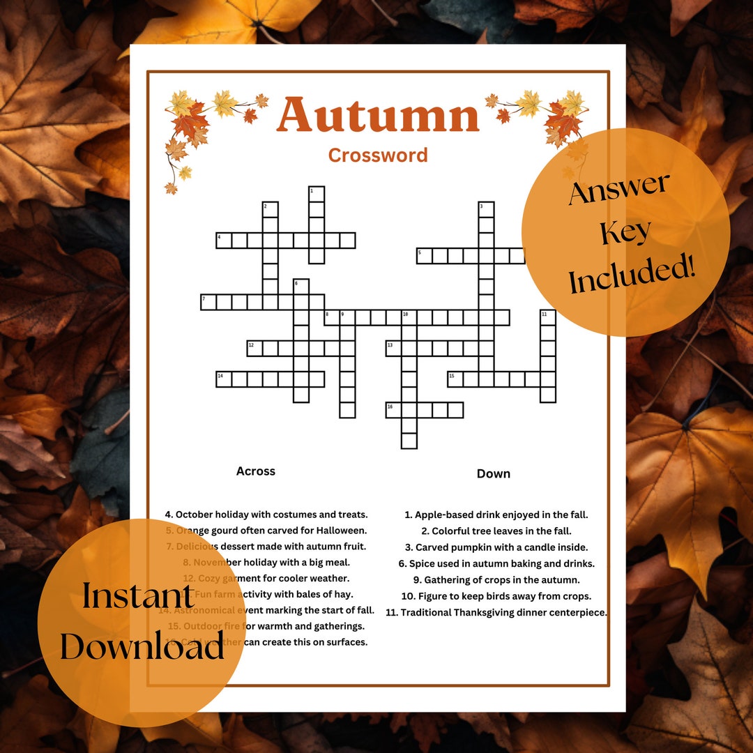 Autumn Crossword Puzzle, Fall Party Word Game, Fall Party Printable ...