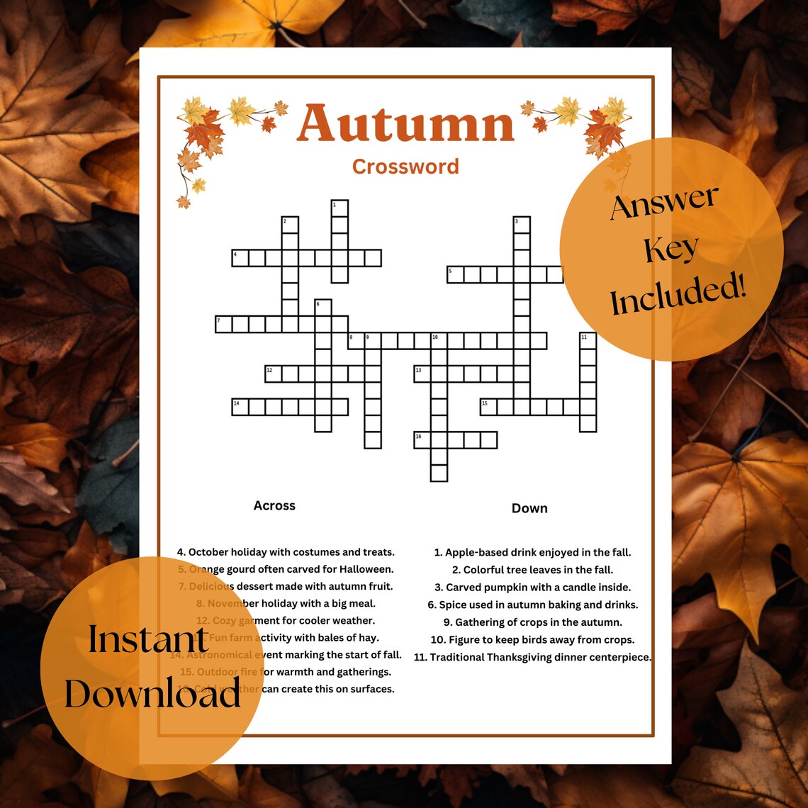 Autumn Crossword Puzzle, Fall Party Word Game, Fall Party Printable ...