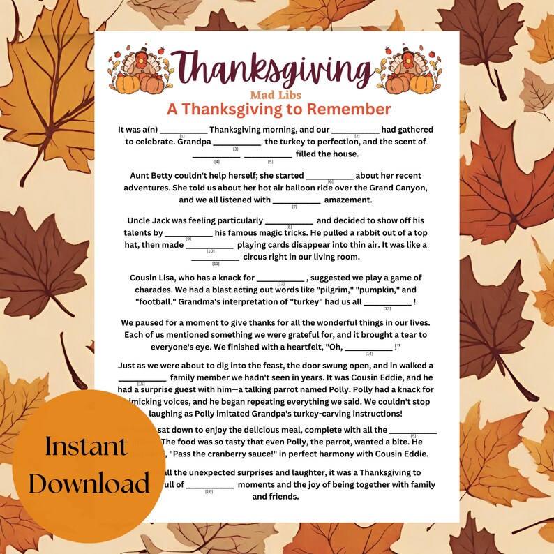 Thanksgiving Mad Lib, Thanksgiving Games, Office Party Game, Mad Libs ...