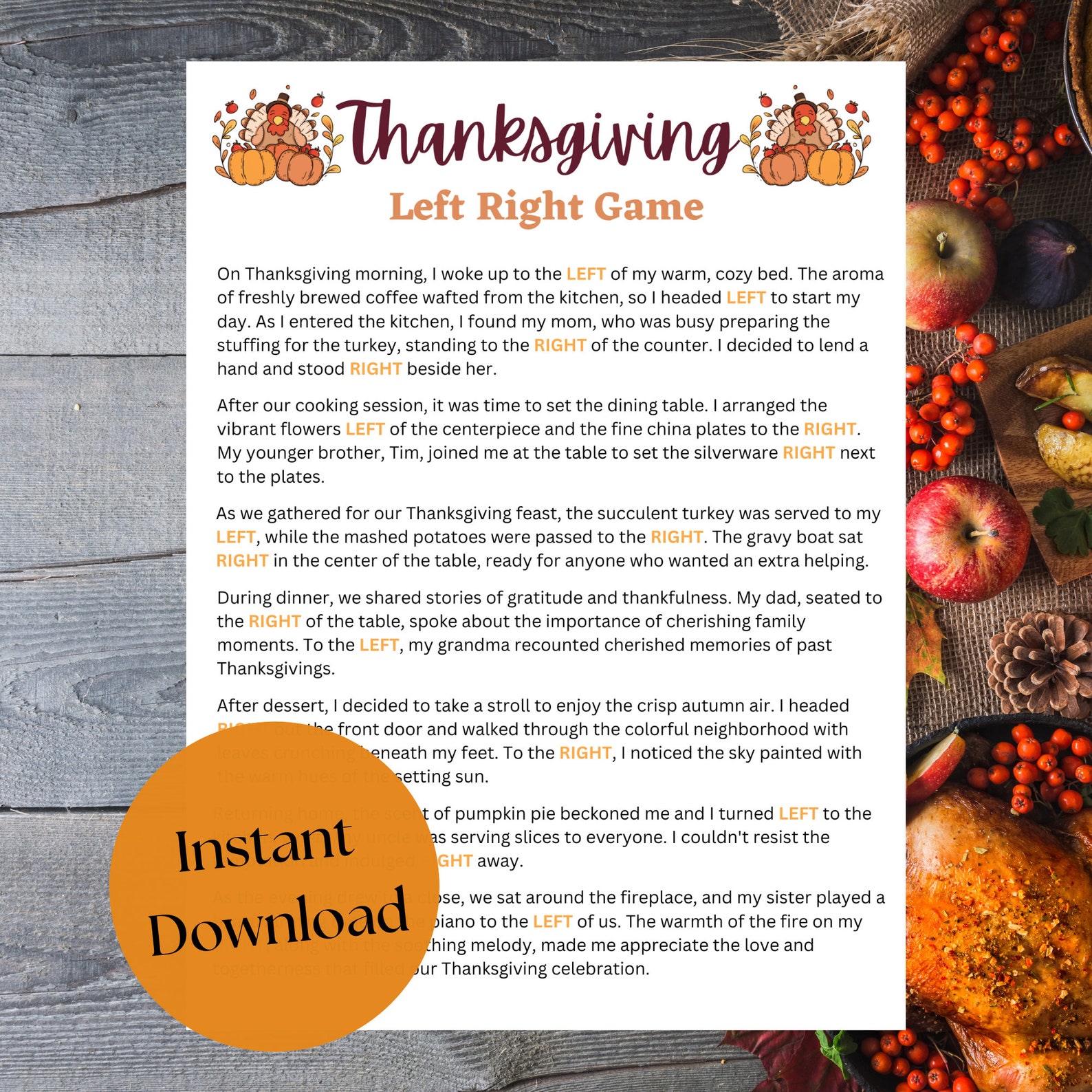 Thanksgiving Left Right Game Left Right Game Thanksgiving - Etsy