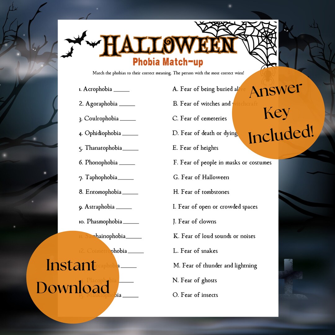 Halloween Phobia Match up Game Fun Halloween Party Game - Etsy