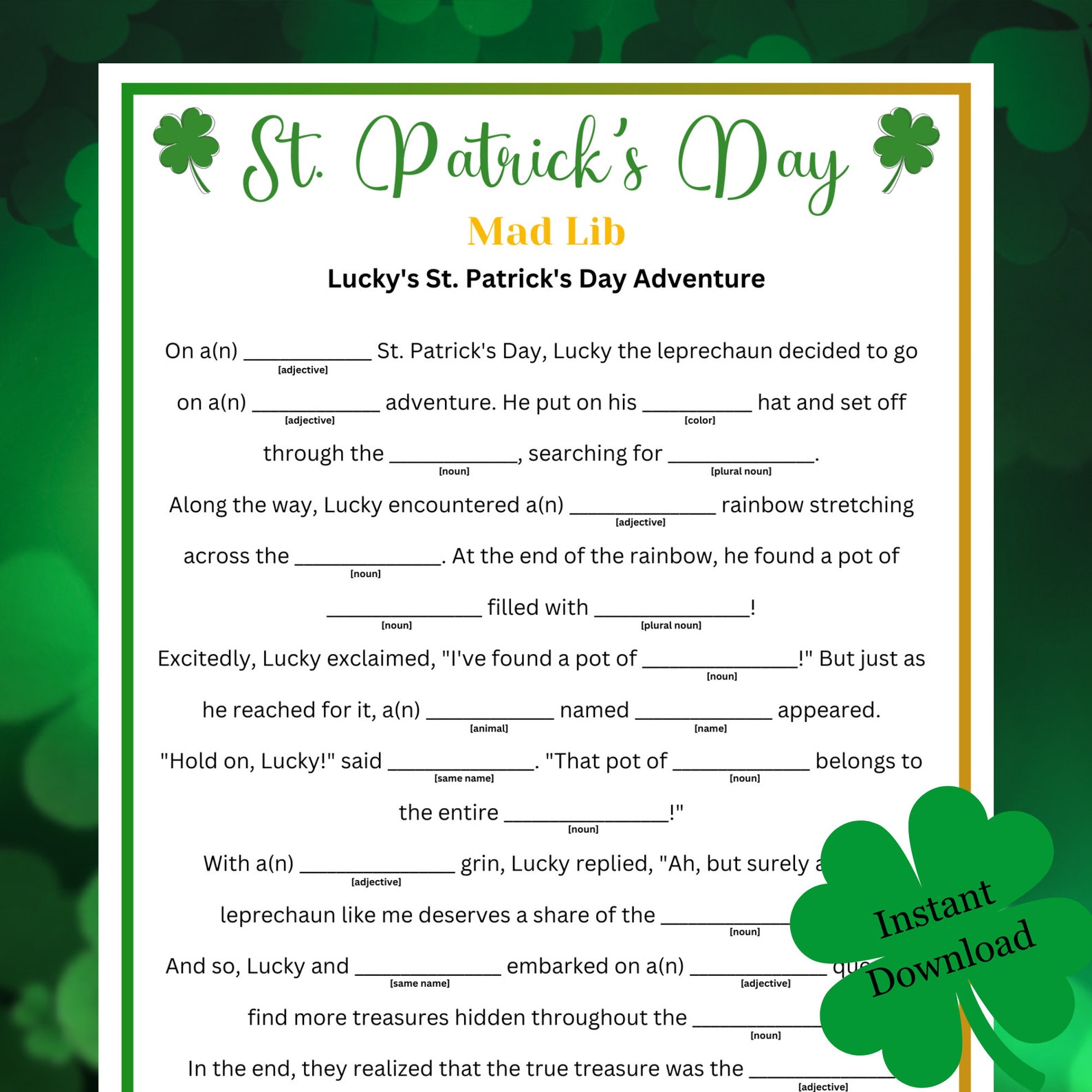 St Patrick's Day Mad Libs, St Patrick's Day Party Game, Mad Lib Game ...