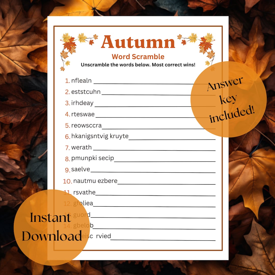 Autumn Word Scramble, Fall Season Puzzle Activity, Fall Word Scramble ...