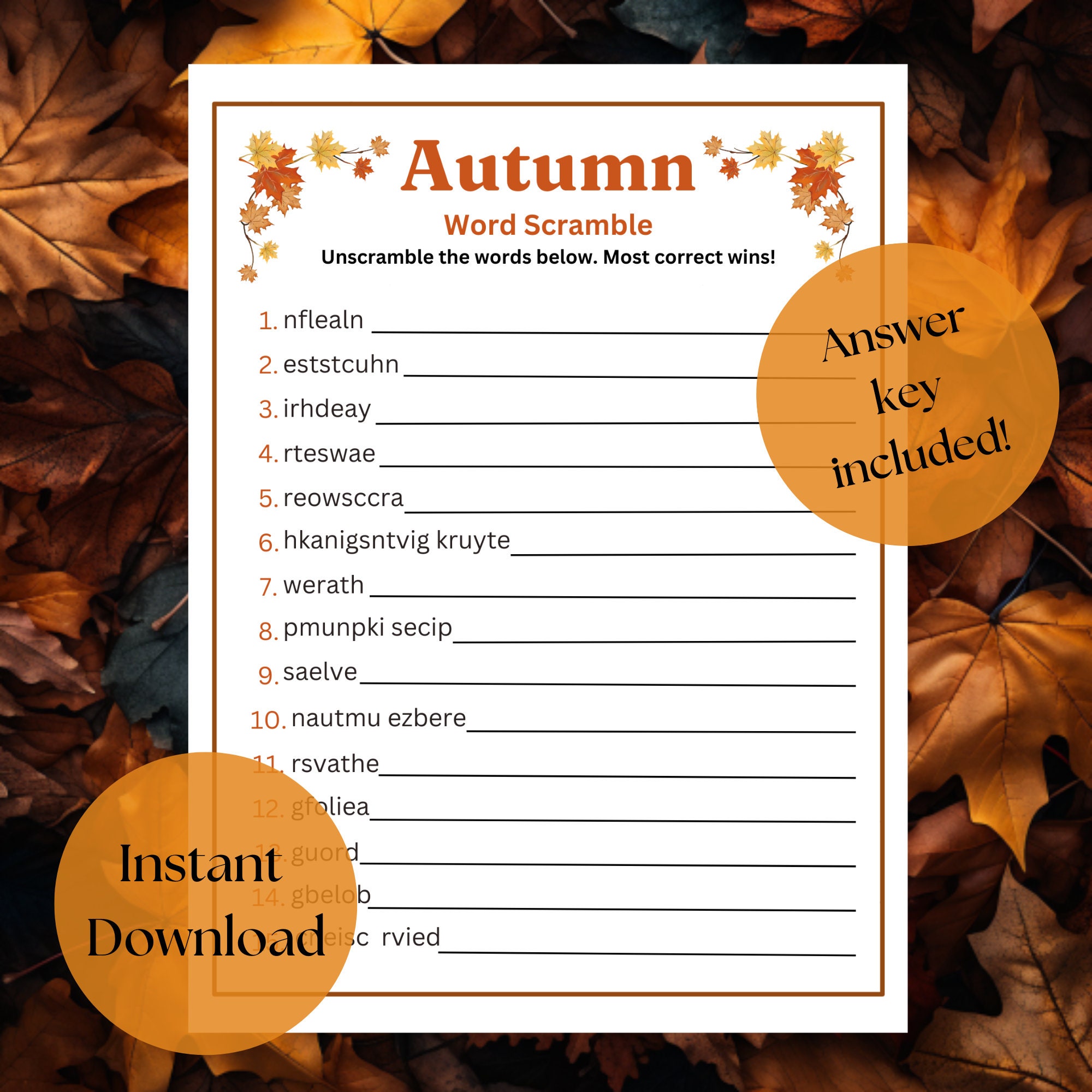 Autumn Word Scramble, Fall Season Puzzle Activity, Fall Word Scramble ...