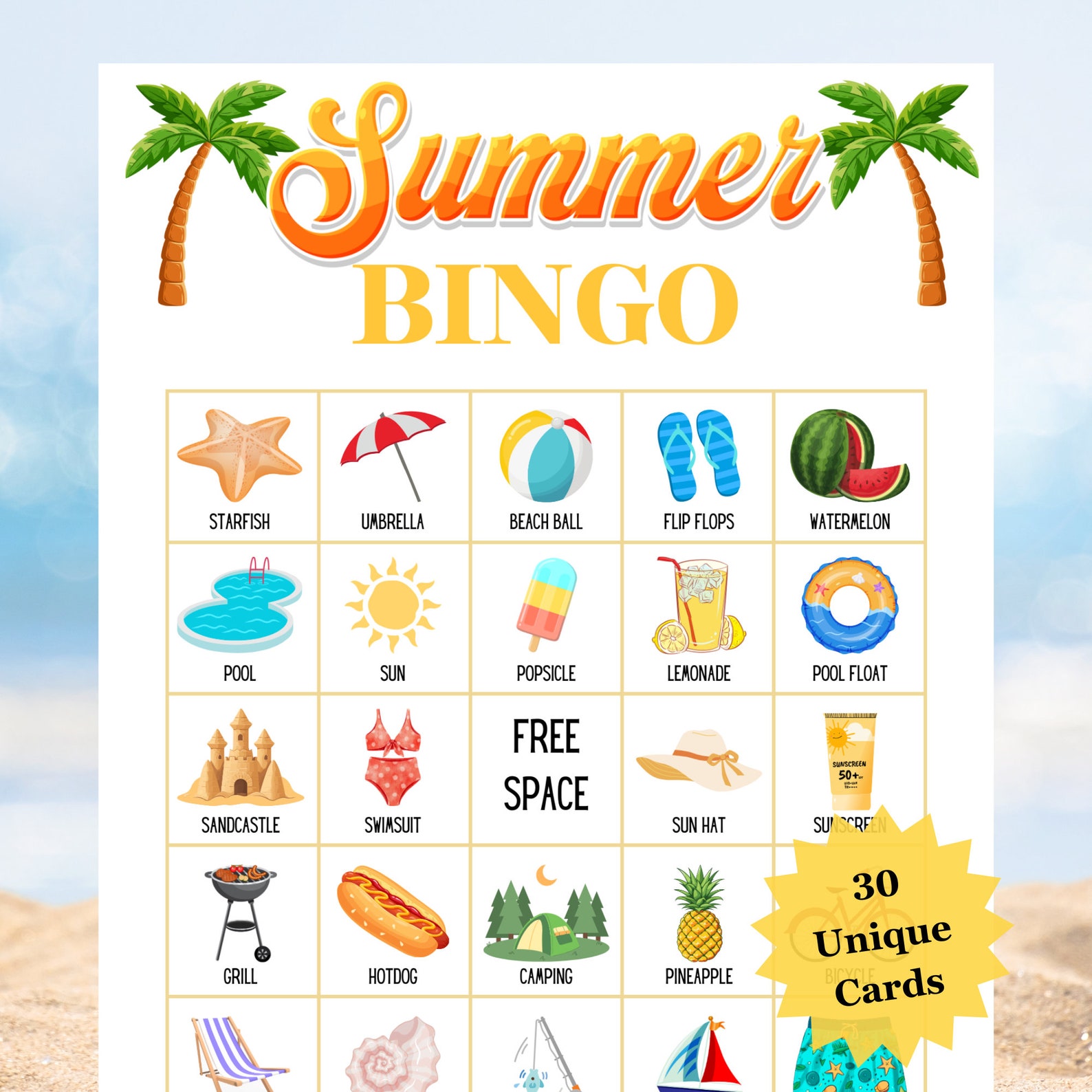 Summer Bingo Game, Summer Bingo Game for Adults and Kids, 30 Summer ...