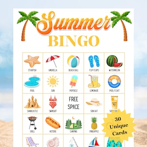 Summer Bingo Game, Summer Bingo Game for Adults and Kids, 30 Summer ...