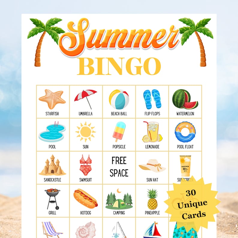 Summer Bingo Game, Summer Bingo Game for Adults and Kids, 30 Summer ...