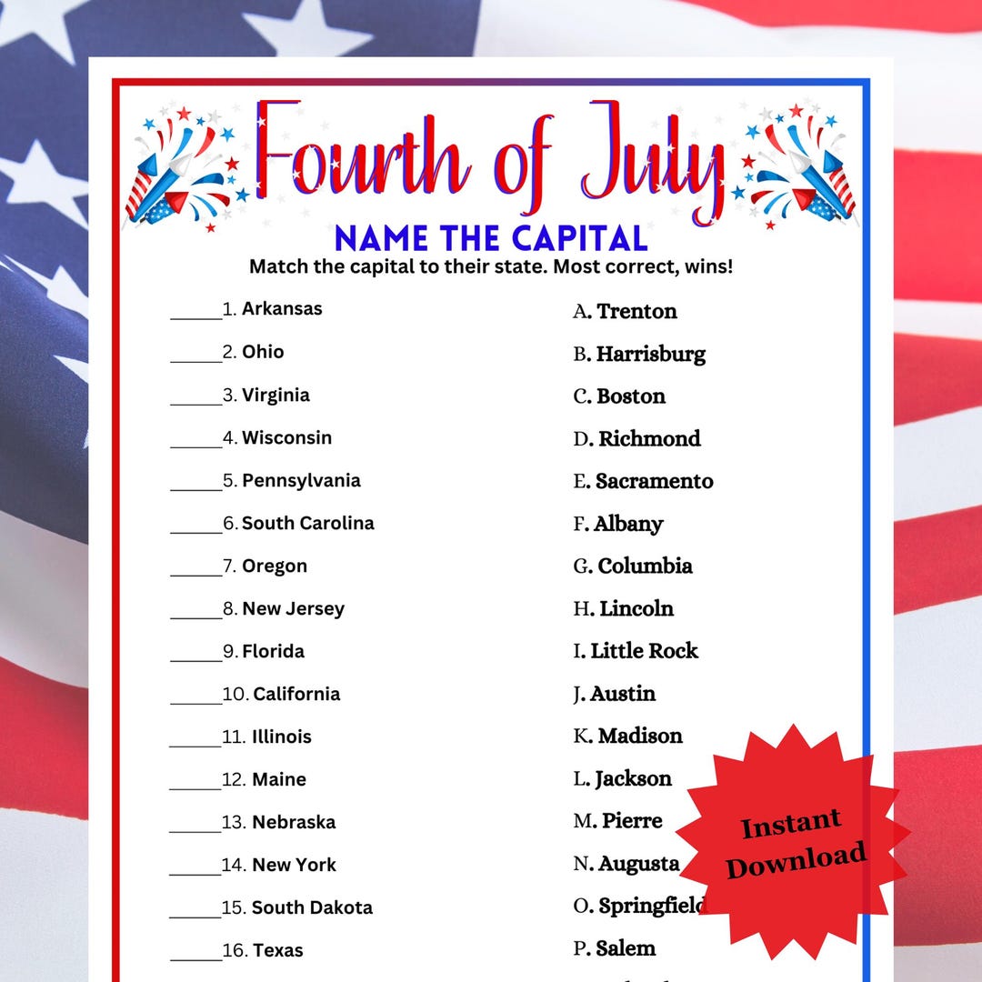 Fourth of July Name the Capital, State Trivia Game, Printable Fourth of ...