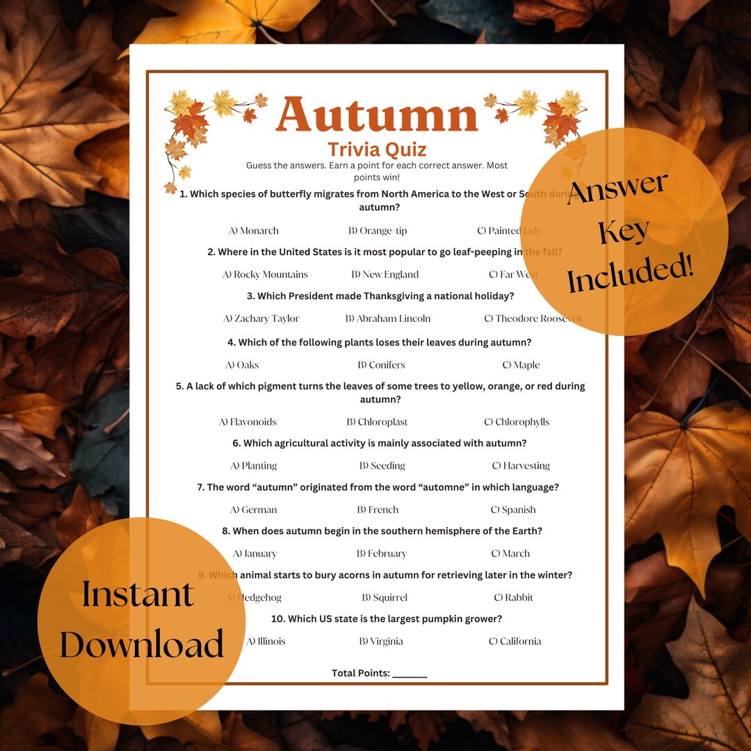 Fall Trivia Game, Autumn Trivia Quiz, Fall Printable Game, Family Game ...
