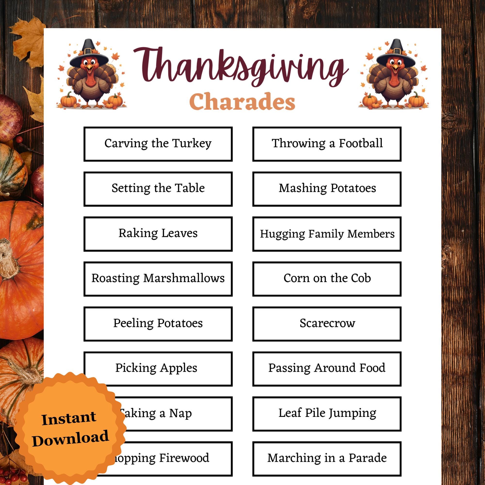 Thanksgiving Charades Party Game, Thanksgiving Games for Adults and ...