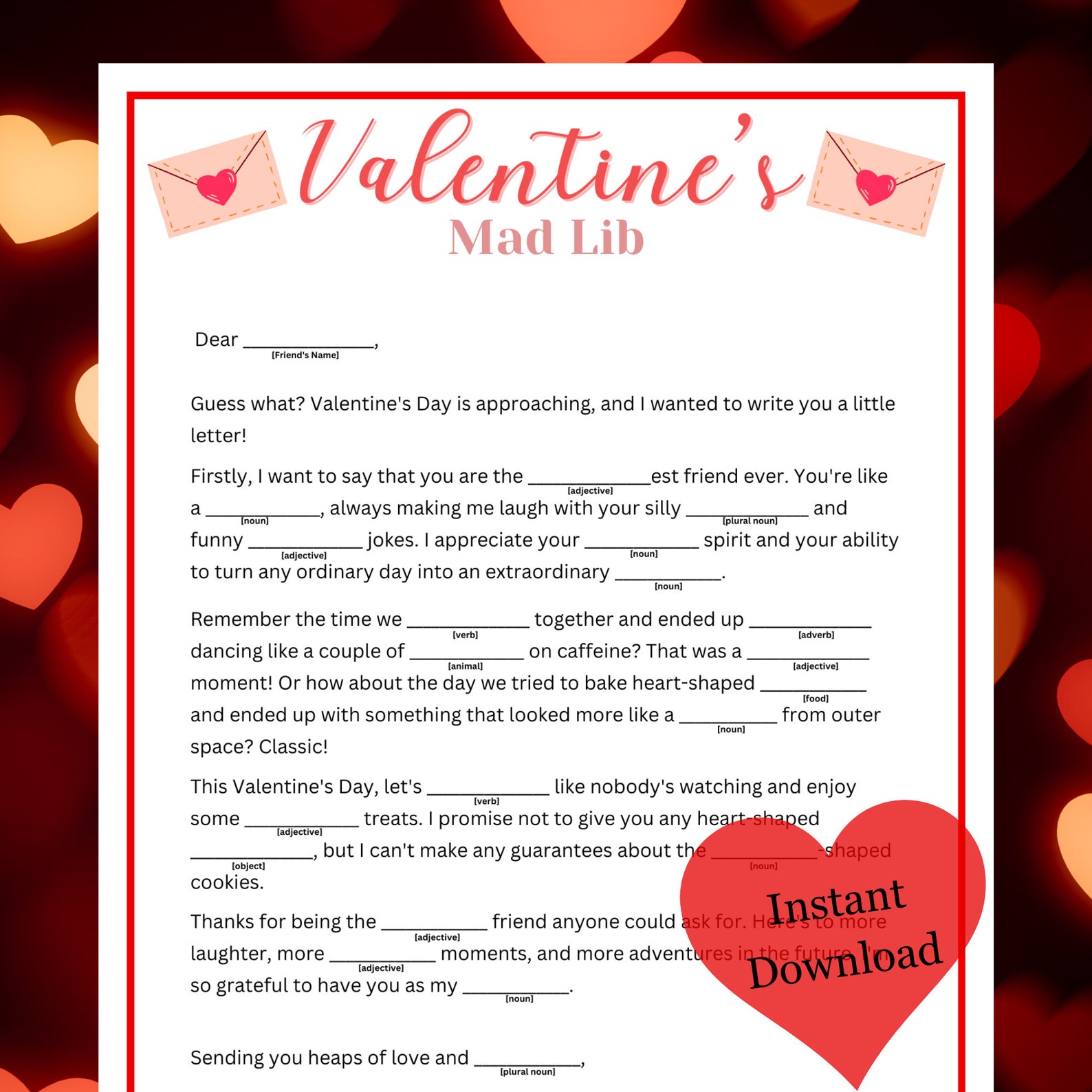 Valentines Day Mad Lib, Class Valentines, Valentines Day Party Games ...